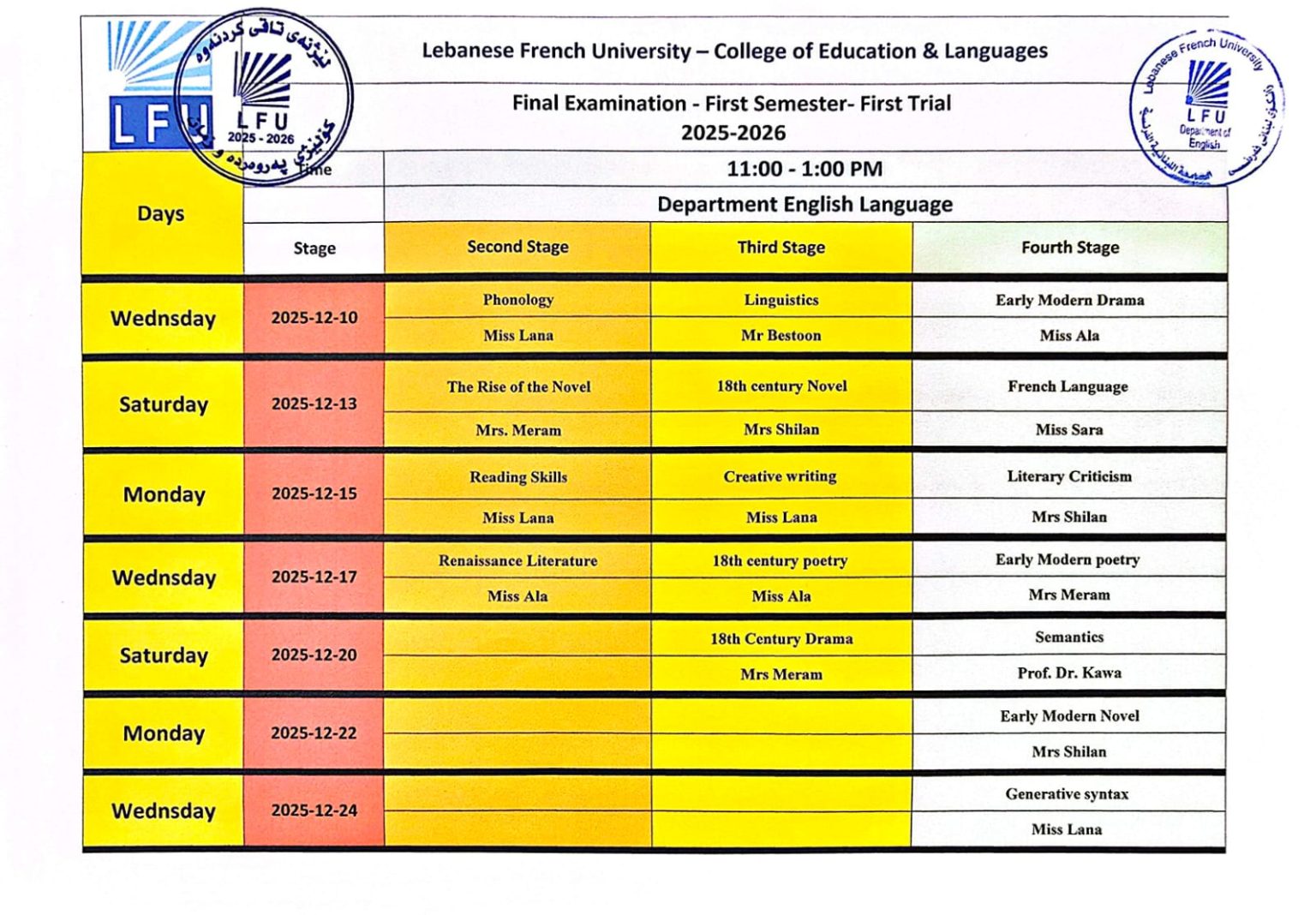 First Semester Final Examination Timetable - LFU